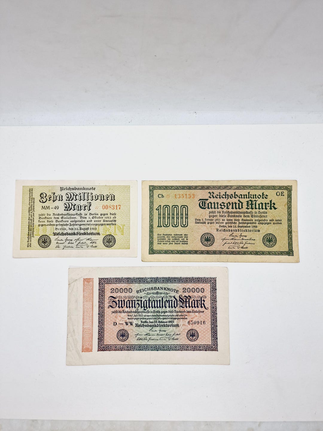 German Reichsbanknotes - Set of 3 Vintage Reichsmarks Printed in ...