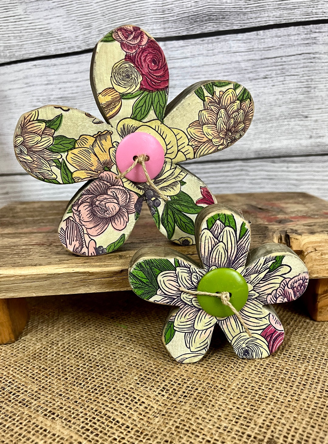 Wood Block Spring Flowers Handmade for Shelf, Tiered Tray, Shelf ...