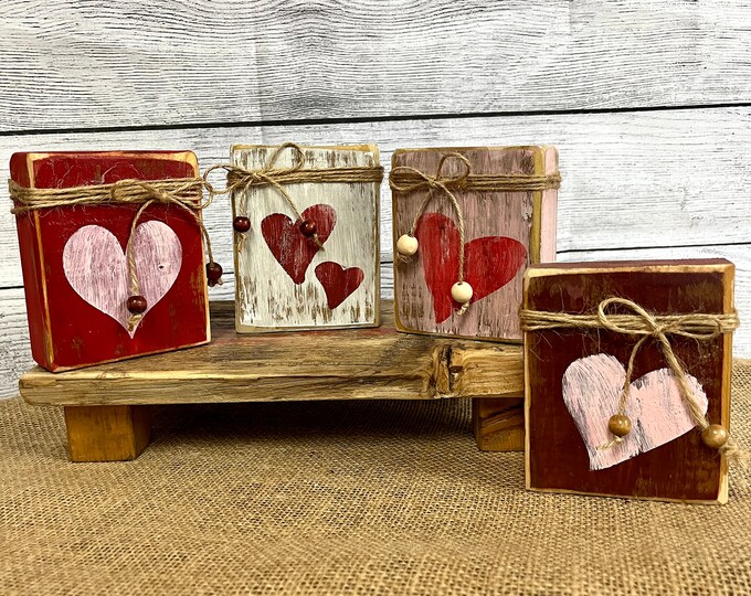 Valentine Wood Heart Blocks 3"x4"x1.5" for Tiered Tray, Shelf, Mantel ...