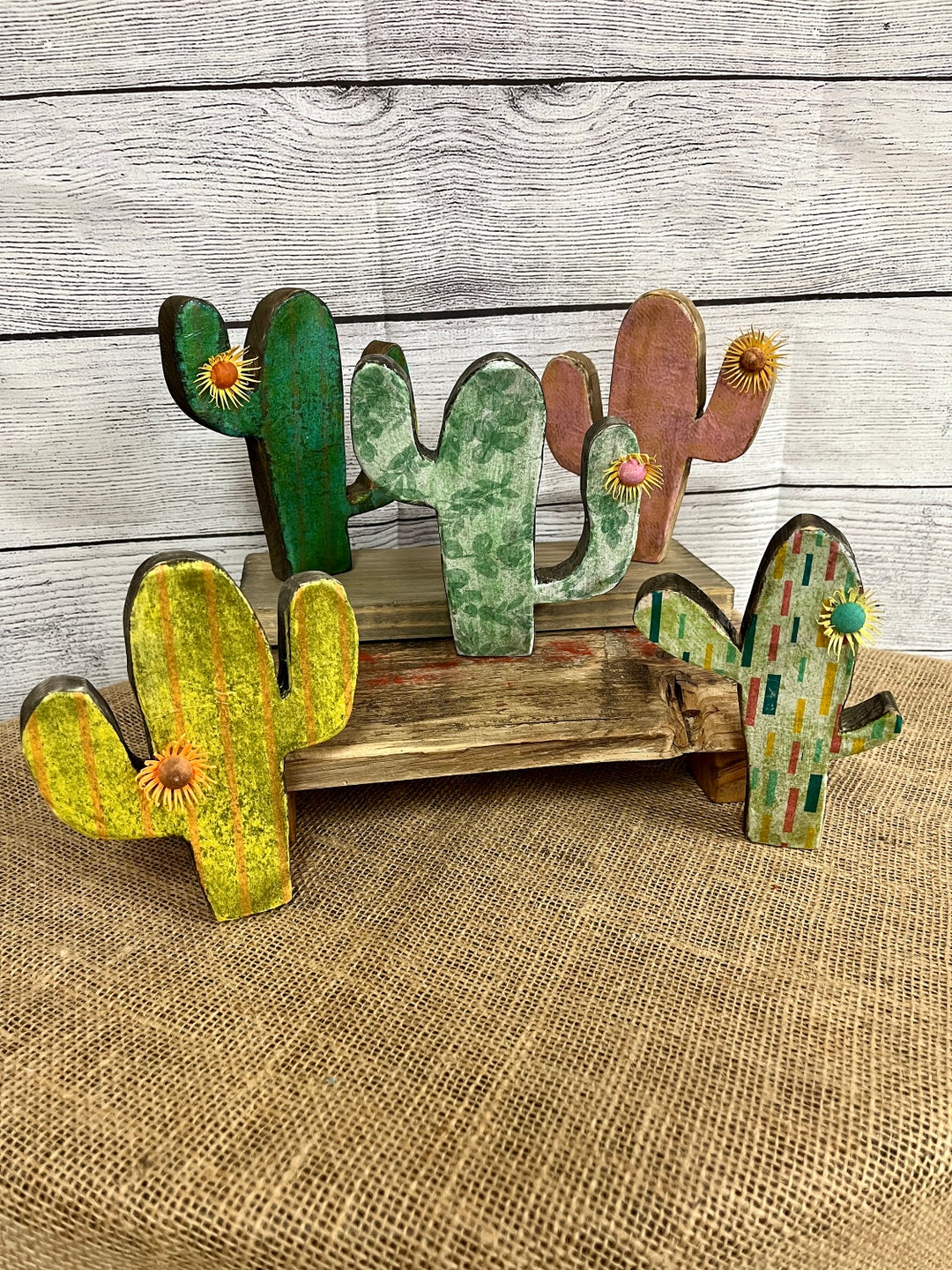 Wood Block Cactus, Whimsical Primitive Home Decor for Tiered Tray ...