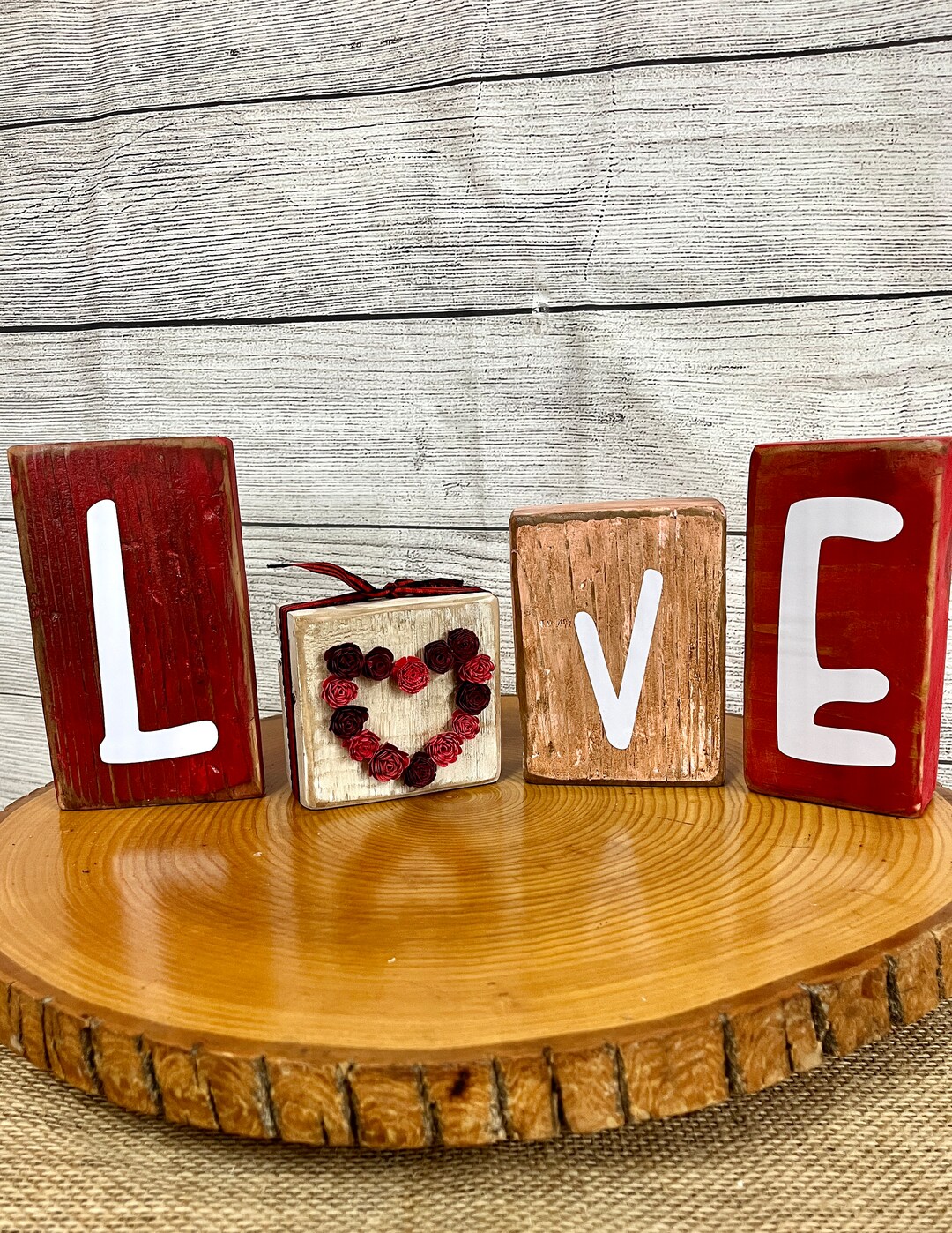 Valentine Love Blocks With Handmade Paper Flowers Mantel, Shelf, or ...