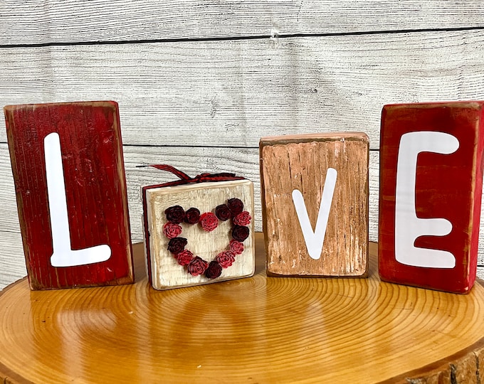 Valentine Love Blocks With Handmade Paper Flowers - Mantel, Shelf, or ...