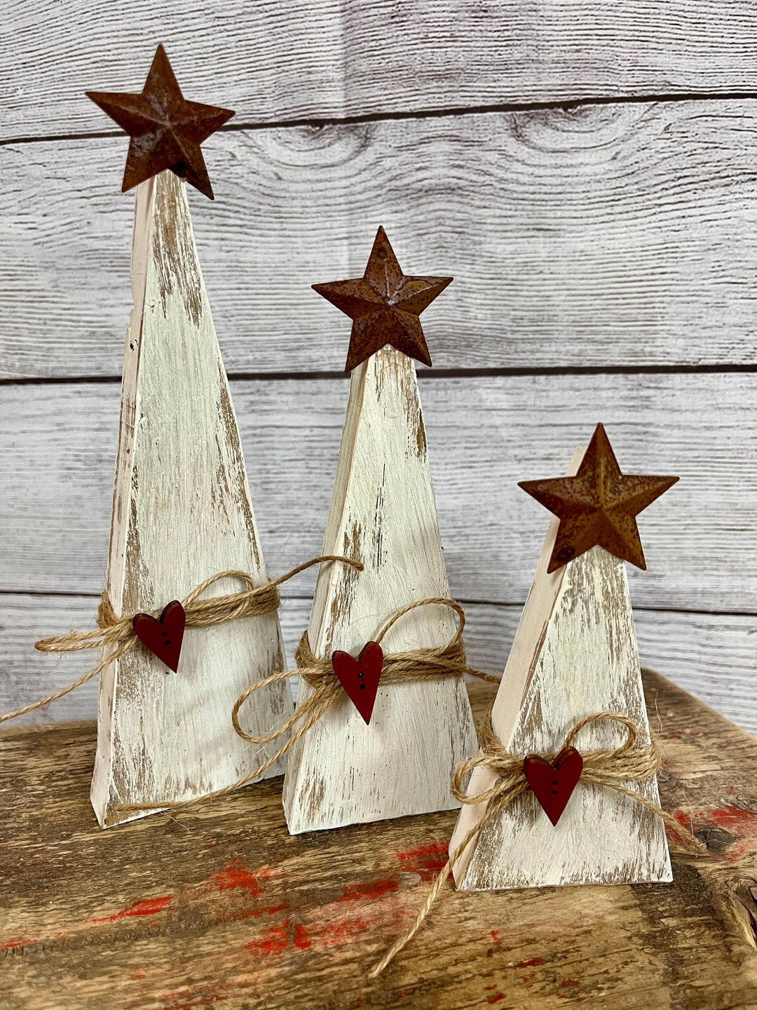 Festive Primitive Wooden Christmas Trees Set of Three - 8.5", 6.5", and ...