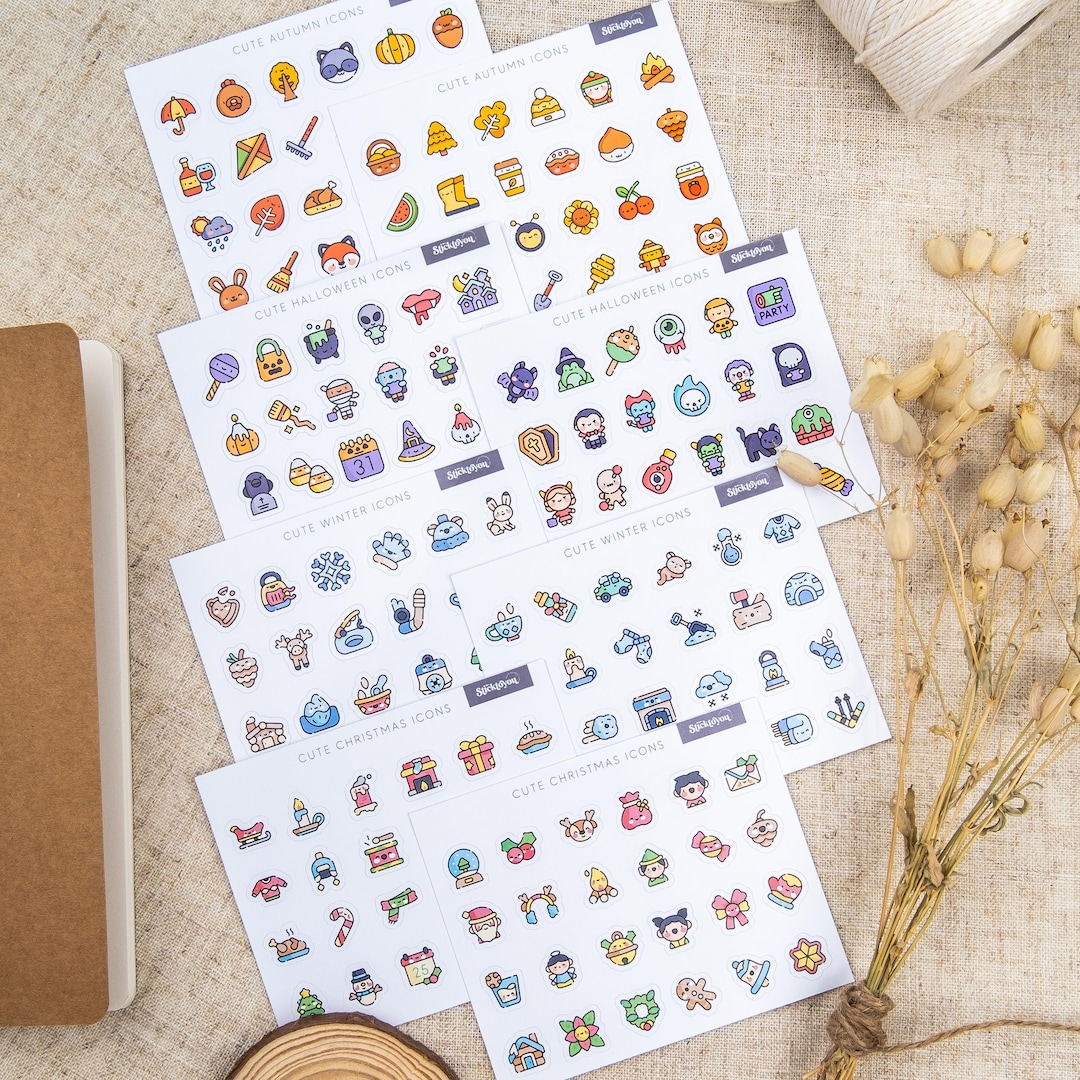 Cute Mini Icon Sticker Sets Halloween, Autumn, Fall, Winter & Christmas ...