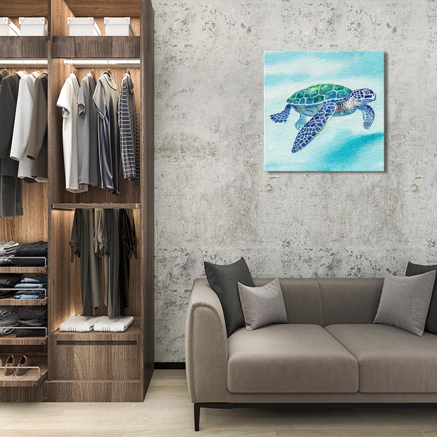 Watercolor Portrait of Sea Turtle in Blue Ocean Background | Etsy