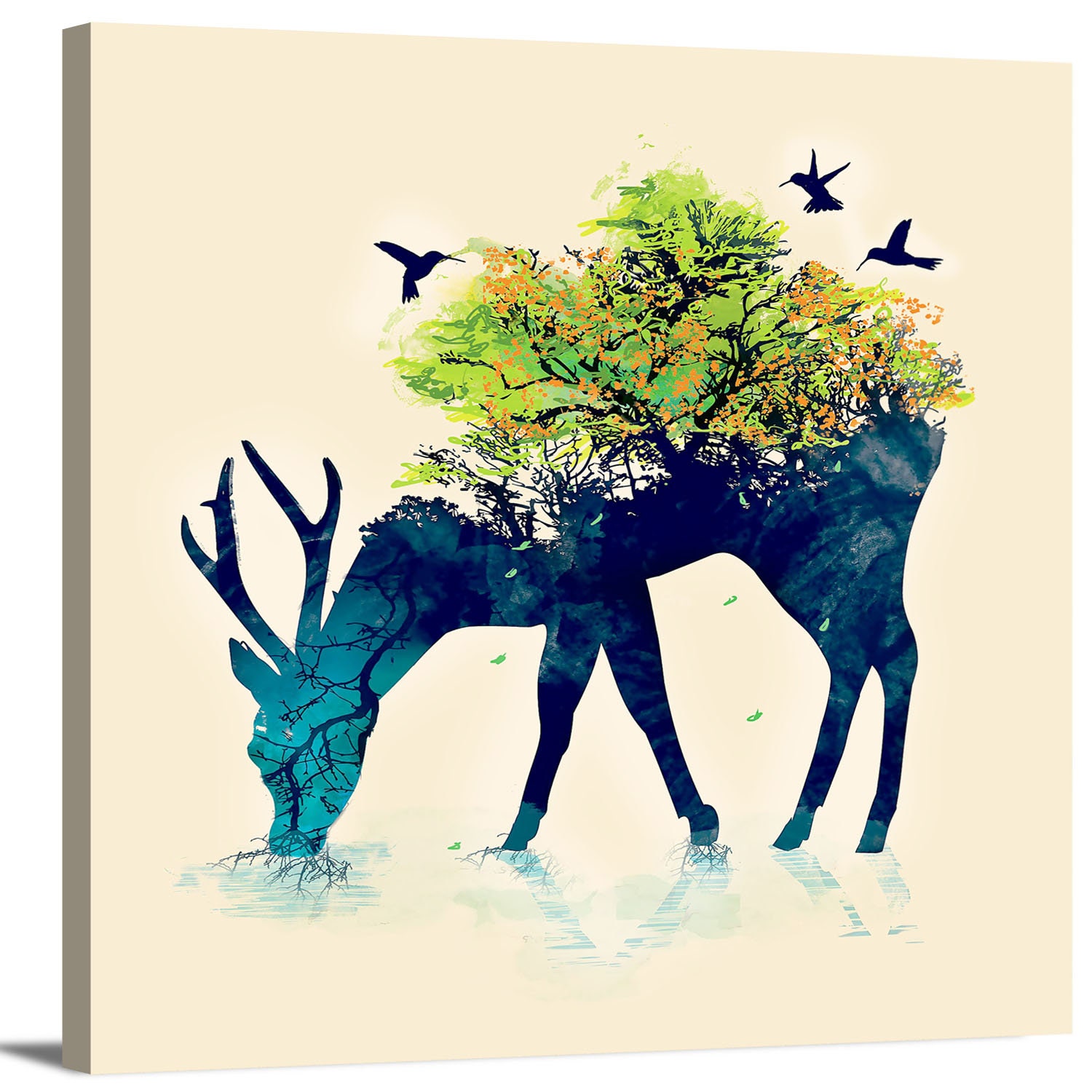 Deer and the Forest Green Trees Birds Animal Poster Artwork | Etsy