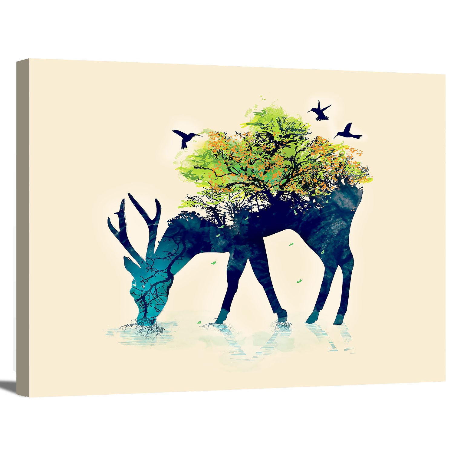 Deer and the Forest Green Trees Birds Animal Poster Artwork | Etsy