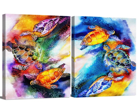 Rainbow Sea Turtles Watercolor Sea Life Colorful Animal | Etsy