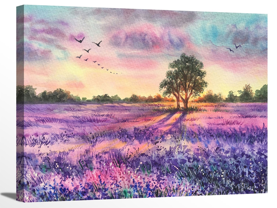 Purple Flower Field Sunset Painting Watercolor Birds Artwork Framed ...