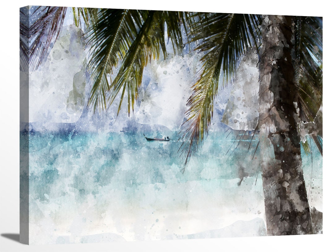 Abstract Palm Tree on Tropical Beach Scenic Landscape Watercolor ...
