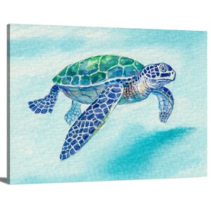 Watercolor Portrait of Sea Turtle in Blue Ocean Background Animal ...