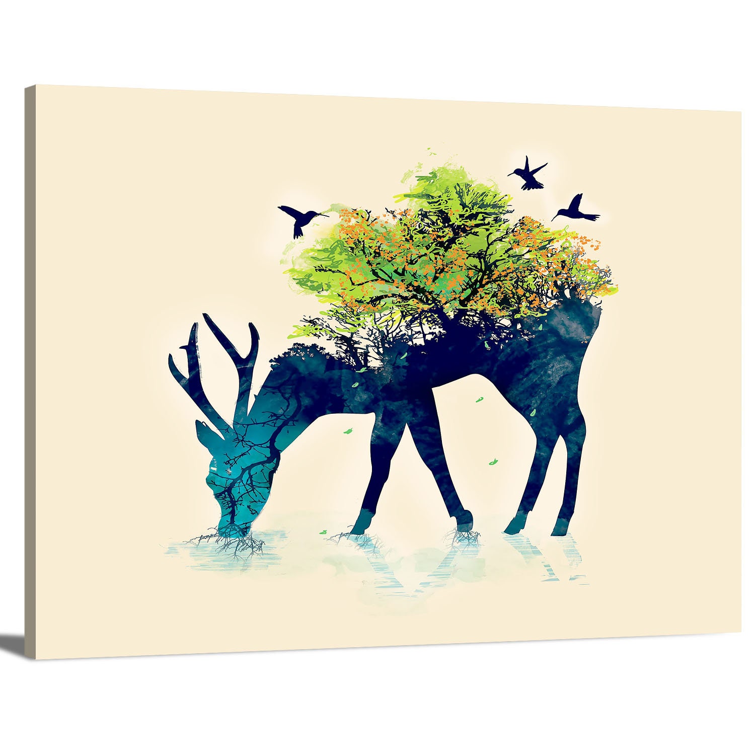 Deer and the Forest Green Trees Birds Animal Poster Artwork | Etsy