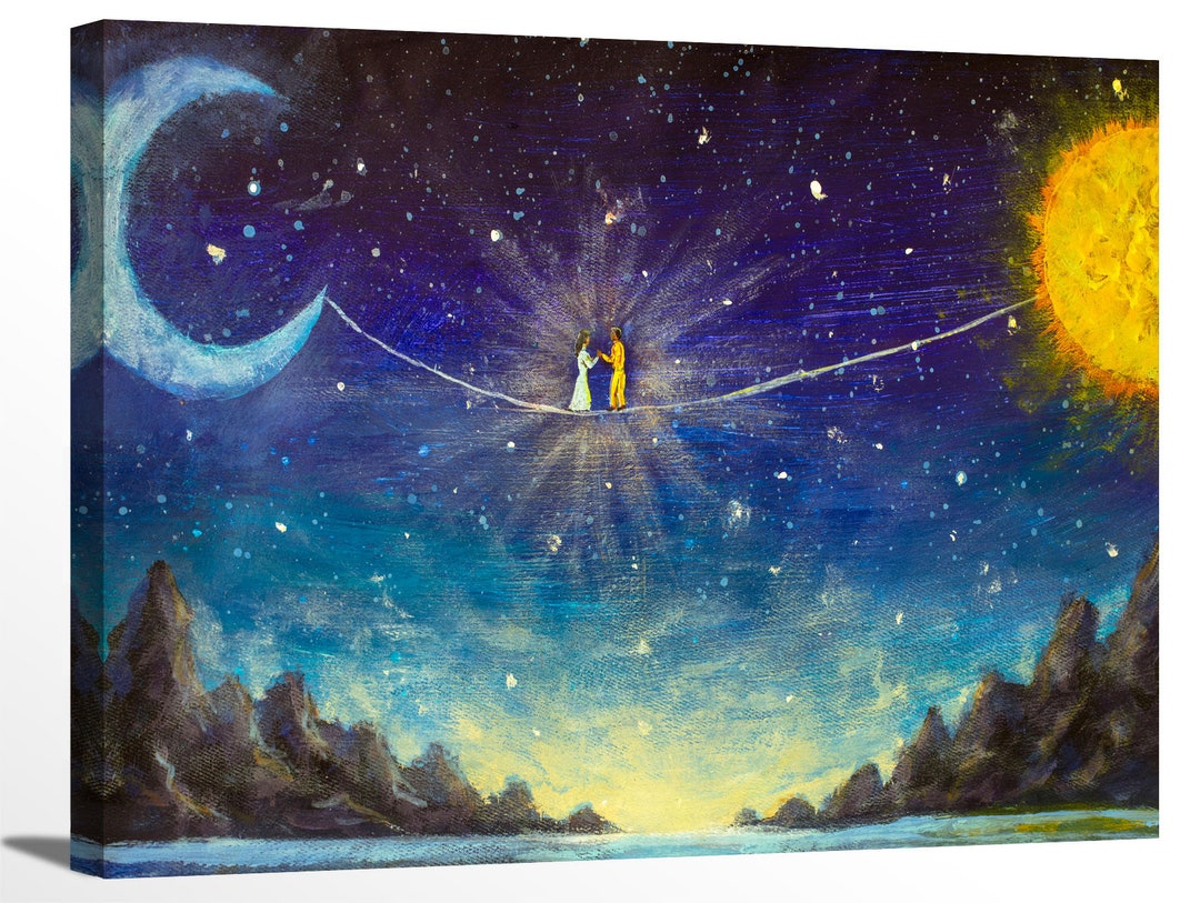 Couple Between Sun and Moon Painting Love Romantic Lovers Stars Sky ...