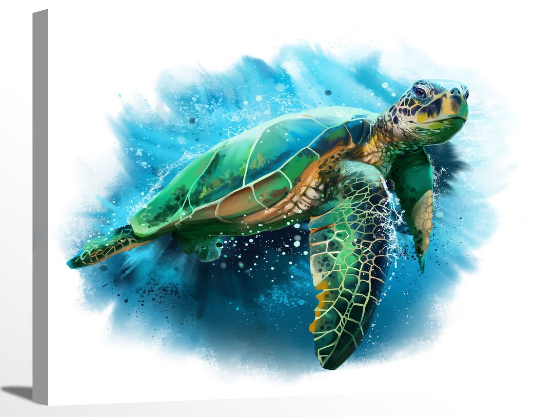 Sea Turtle in Blue Sea White Background Watercolor Animal Artwork ...