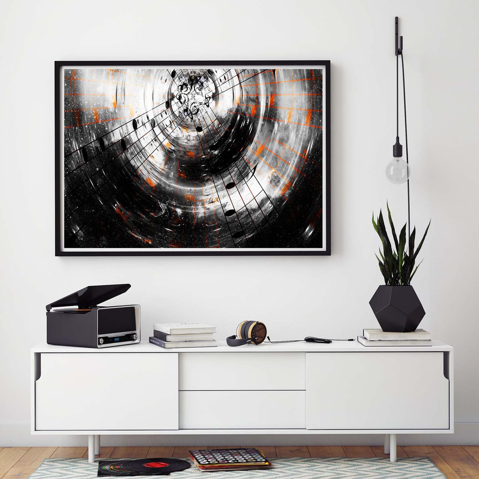 Modern Abstract Black and White Music Notes and Music Speaker in Space ...
