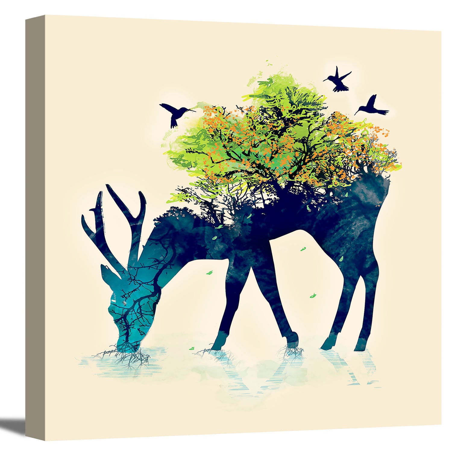 Deer and the Forest Green Trees Birds Animal Poster Artwork | Etsy