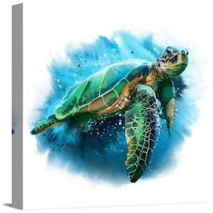 Sea Turtle in Blue Sea White Background Watercolor Animal Artwork ...