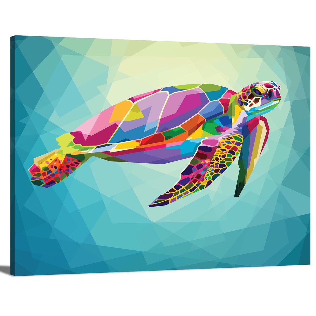 Colorful Sea Turtle Floating in Geometric Ocean Water Pop Art Animal ...