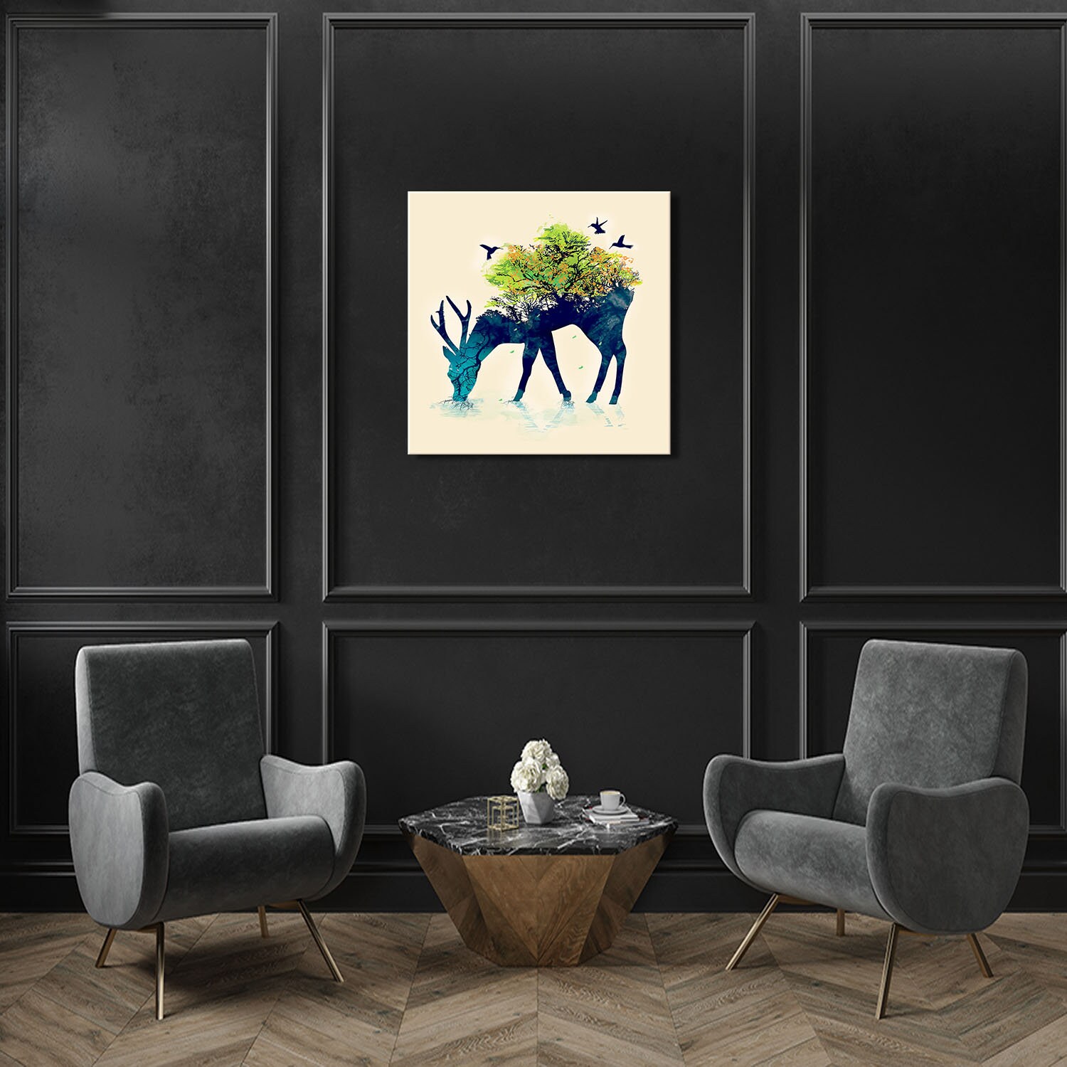 Deer and the Forest Green Trees Birds Animal Poster Artwork | Etsy