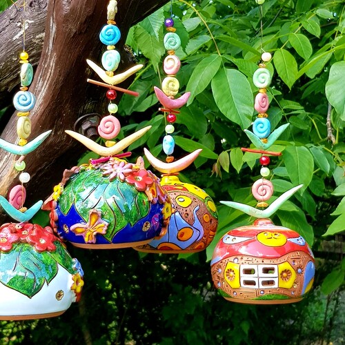 Handmade Ceramic Hanging Bells With Flowers.room and Garden - Etsy