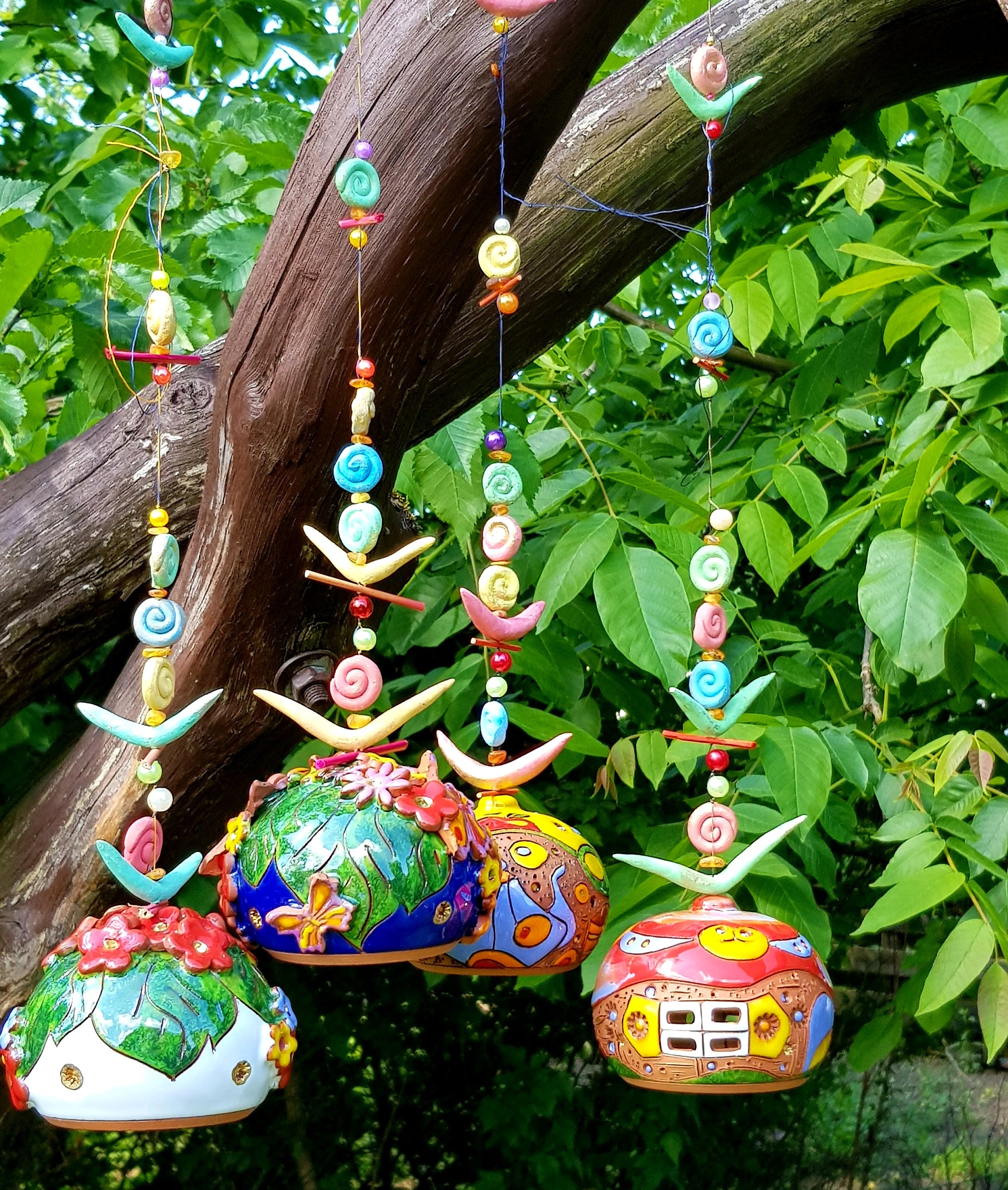 Handmade Ceramic Hanging Bells With Flowers.room and Garden Decor ...