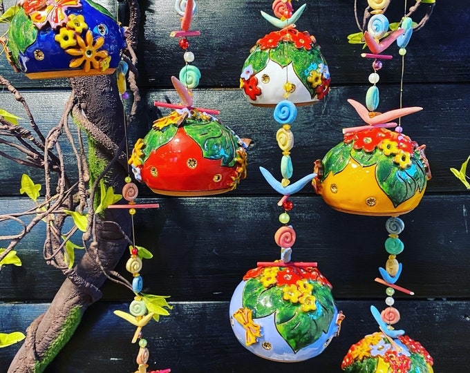 Handmade Ceramic Hanging Bells 3D Flowers. Room and Garden Decor ...