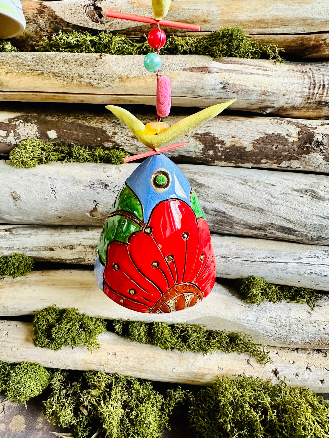 Ceramic Hanging Bells Painted Flowers. Room and Garden Decor.handmade ...