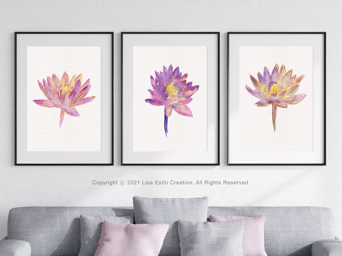 Printable Lotus Wall Art Set of 3 Paintings Watercolor - Etsy