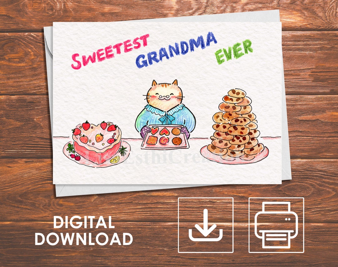 Printable Card for Grandmother, Sweetest Grandma Ever, Cooking Cat ...