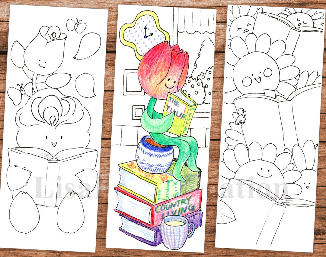 3 Printable Flower Coloring Bookmark Set - Reading Flowers, Bundle Book ...