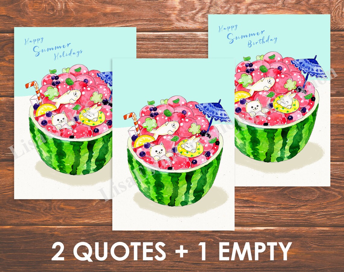 Printable Summer Card Set, 3 Summer Greeting Cards, Watermelon Fruit ...