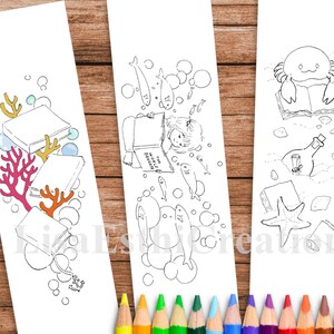 Printable Coloring Bookmark Set, 3 Digital Book Marks, Under the Sea ...
