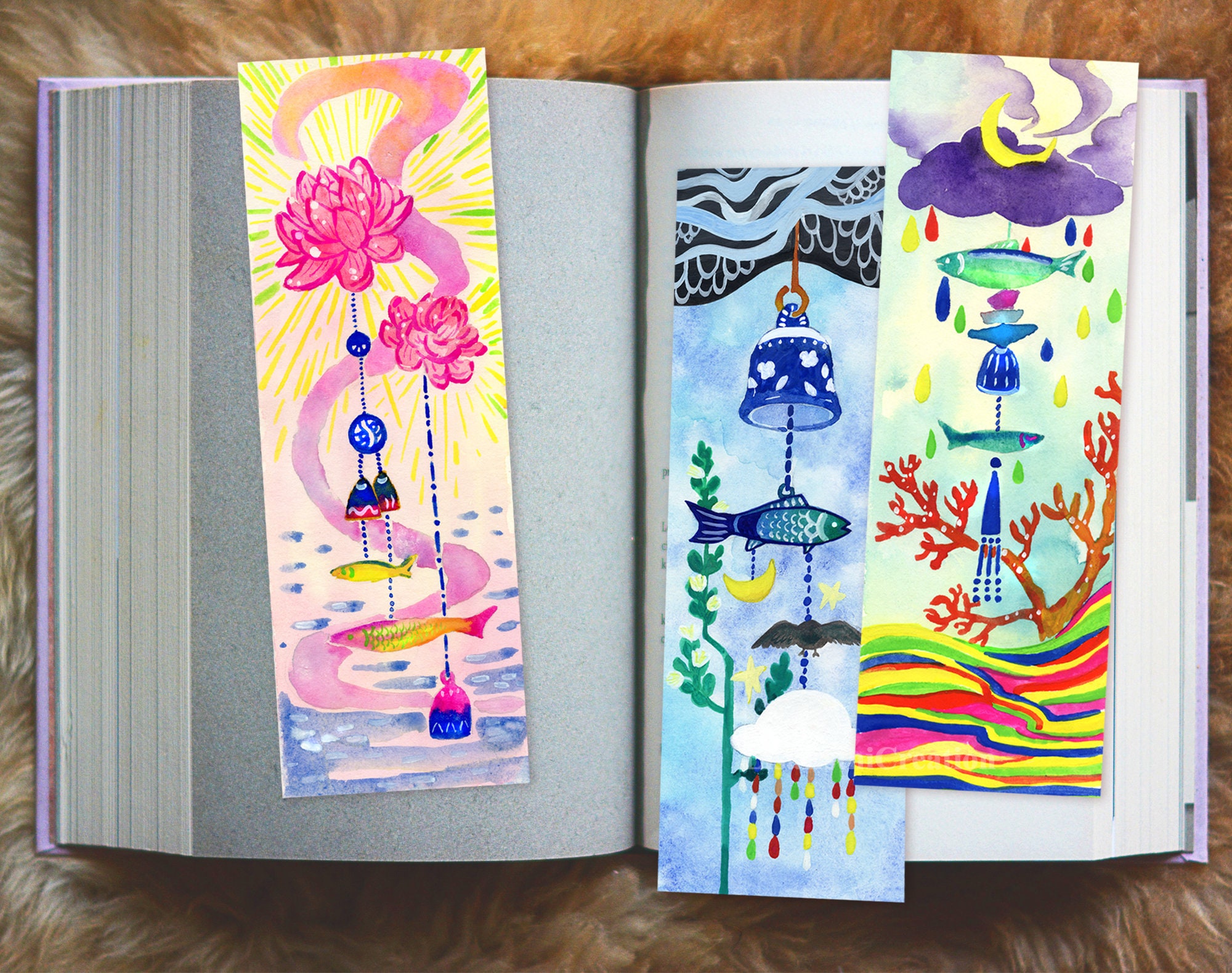 Printable Bookmark Set, Korean Traditional Fish Wind Chime Book Mark ...