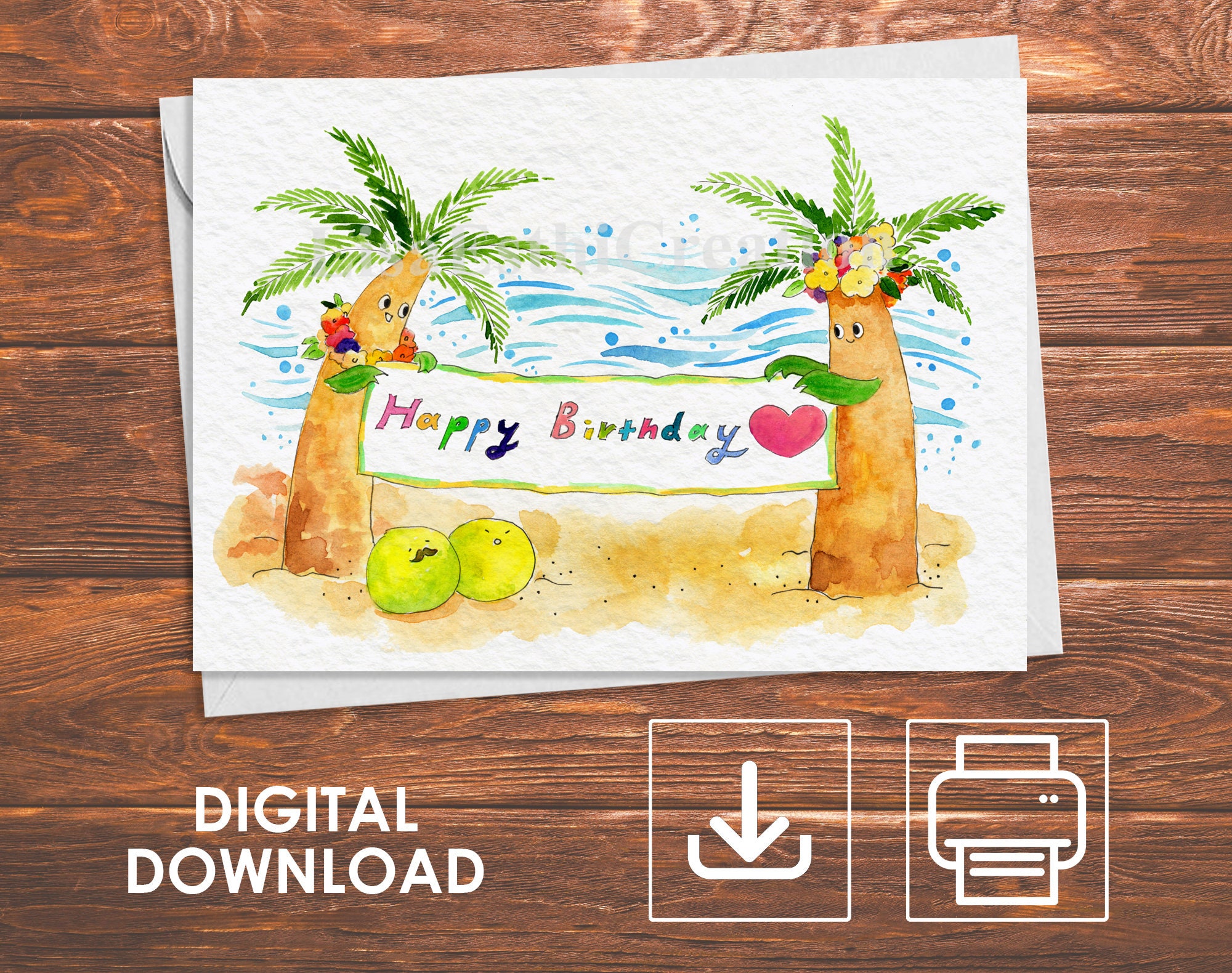 Printable Birthday Card, Digital Summer Birthday Card, Tropical Summer ...