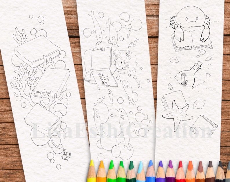 Printable Coloring Bookmark Set, 3 Digital Book Marks, Under the Sea ...