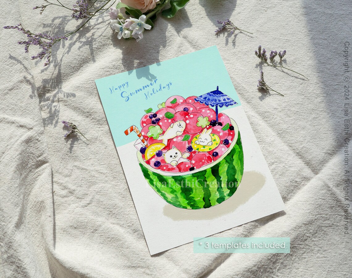 Printable Summer Card Set, 3 Summer Greeting Cards, Watermelon Fruit ...