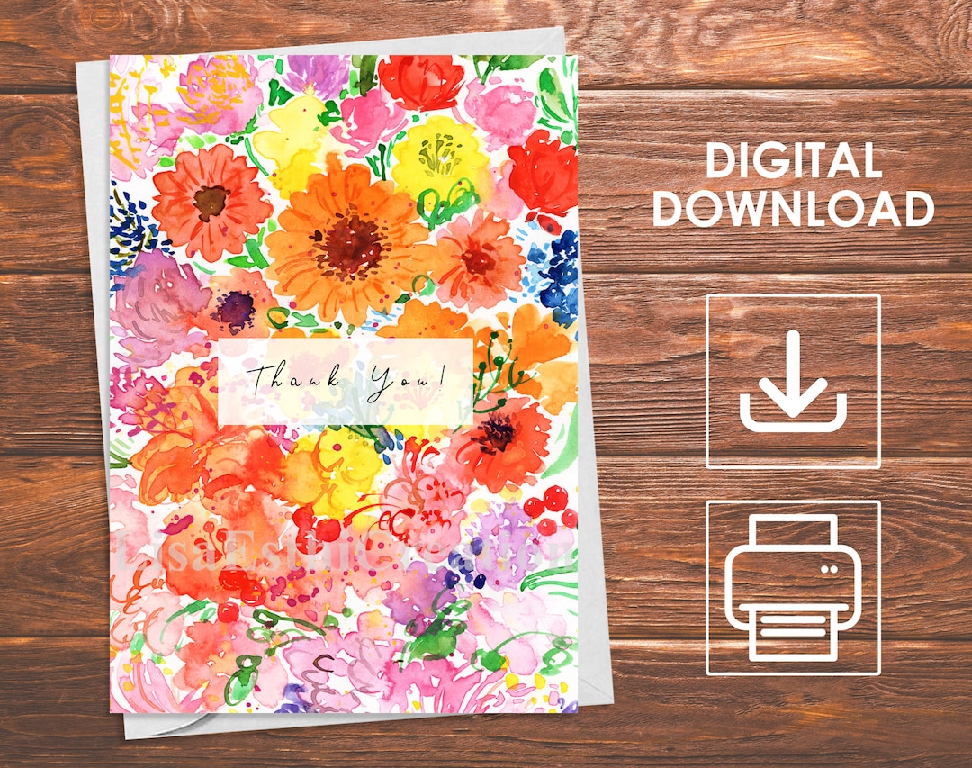 Printable Flower Thank You Card, Valentine's Day Flowers Greeting Card ...