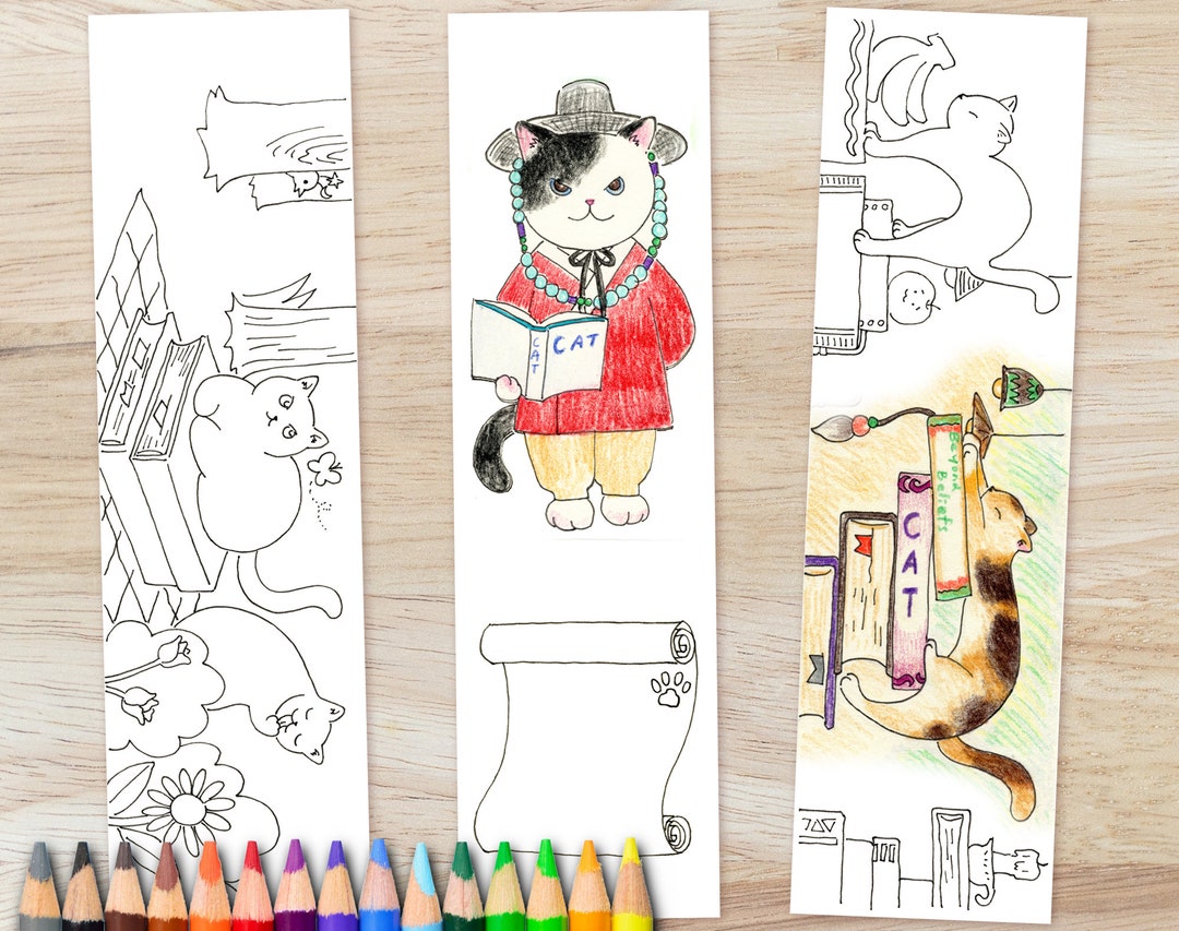 Printable Cat Bookmark Set, 3 Cat Coloring Bookmark Bundle, Hanbok ...
