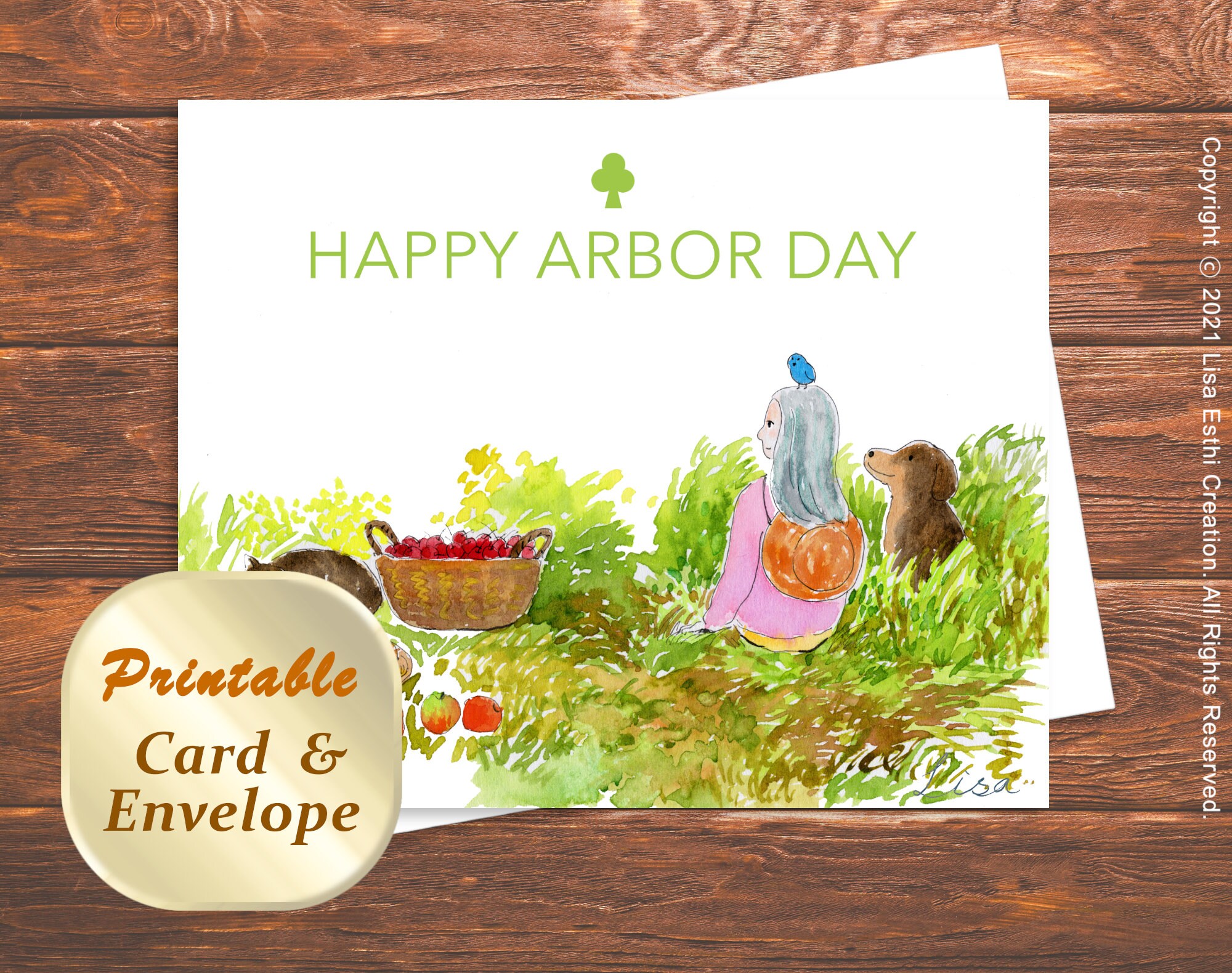 Printable Arbor Day Card and Envelope, Girl and Dog on a Picnic After ...