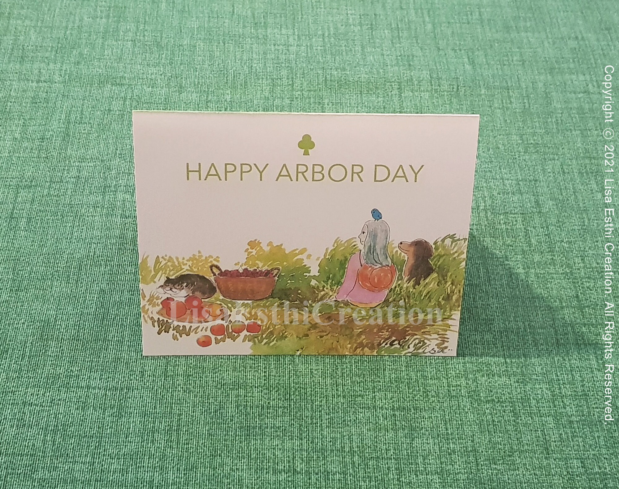 Printable Arbor Day Card and Envelope, Girl and Dog on a Picnic After ...