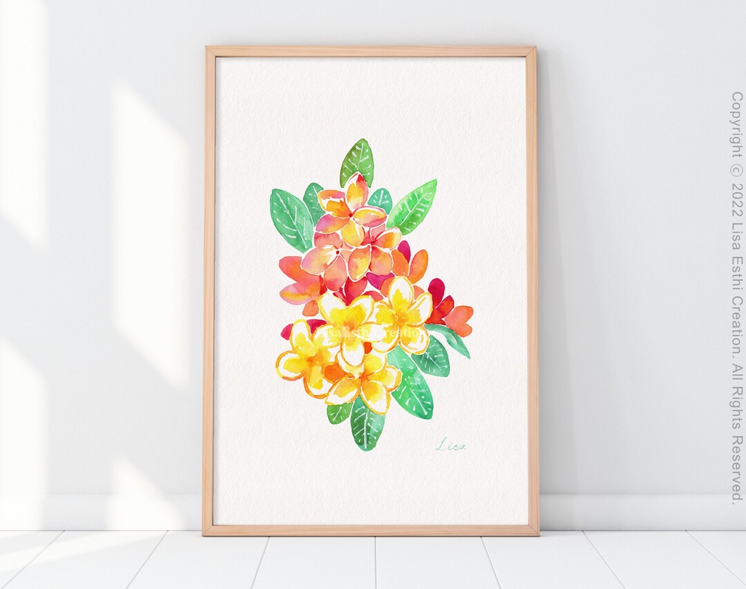 Printable Frangipani Wall Art, Watercolor Plumeria Print, Botanical Art ...