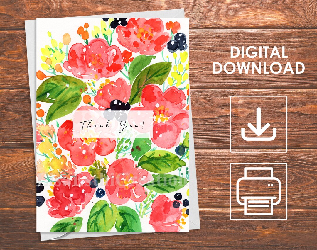 Printable Thank You Valentine's Day Card, Red Flower Love Card, Red ...