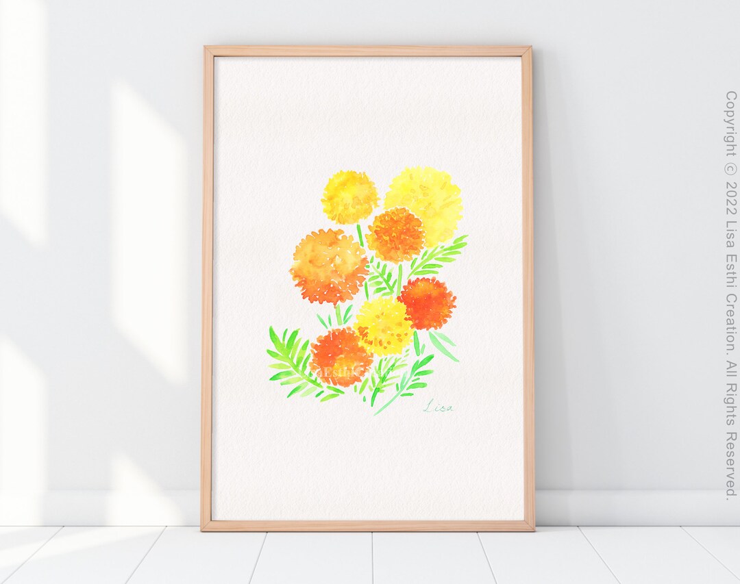 Marigold Printable Wall Art, Watercolor Marigold Painting, Summer ...