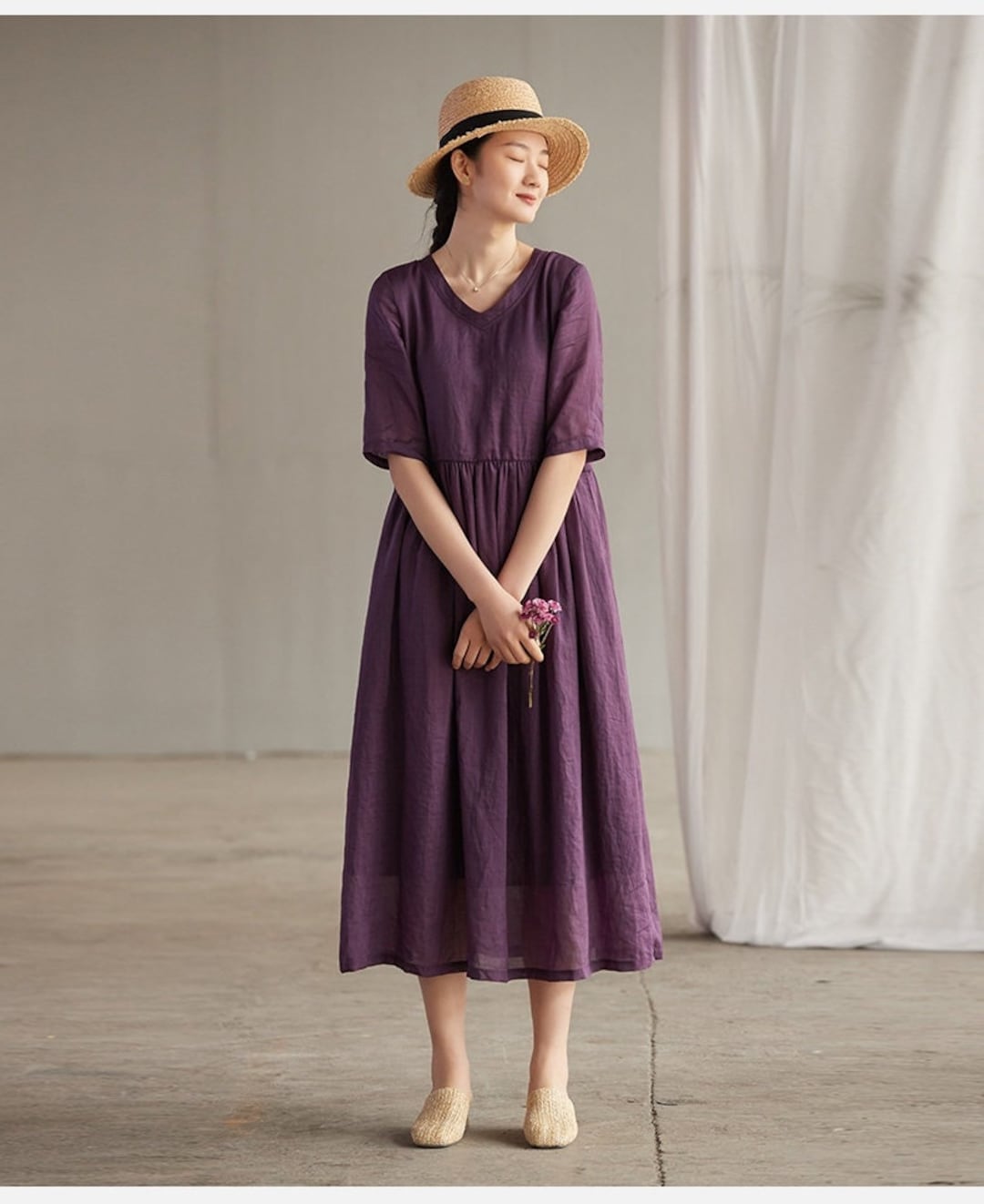 Summer Half Sleeves Dress Soft Casual Loose Dress Tunics Cotton Robes ...