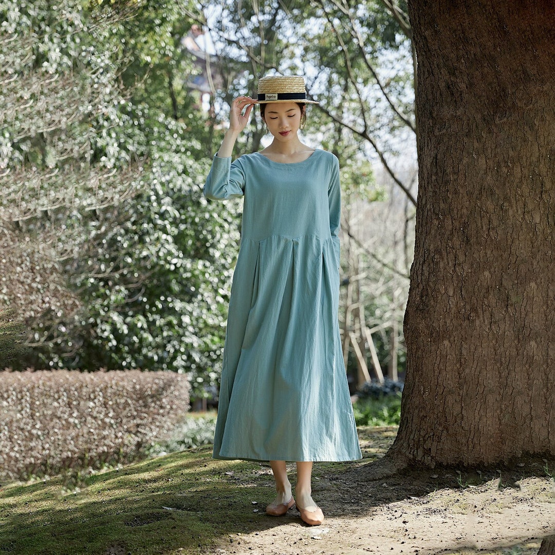 Cotton Dress Loose Robes Nine Points Sleeve Shift Dress Boho A-line ...