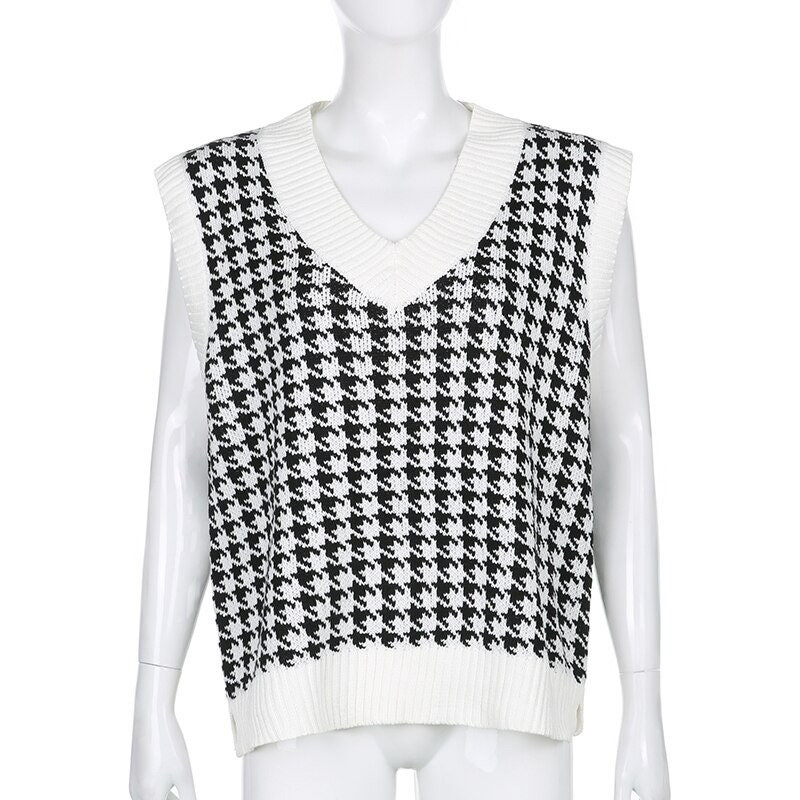 Houndstooth Knitted Oversized Loose Sweater Vest Streetwear Etsy