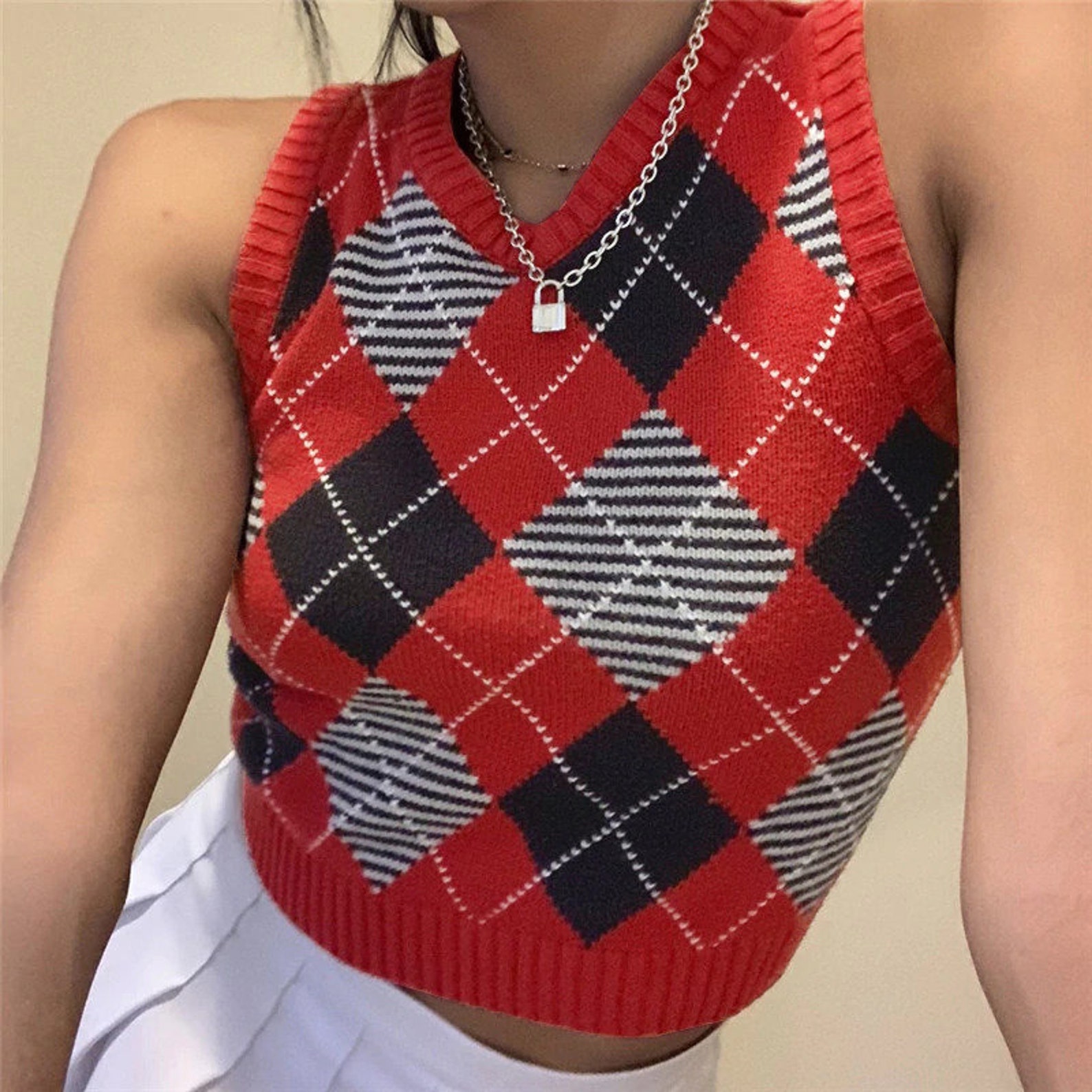 Argyle Plaid Cropped Knit Sweater Vest Red Y2k Preppy Etsy