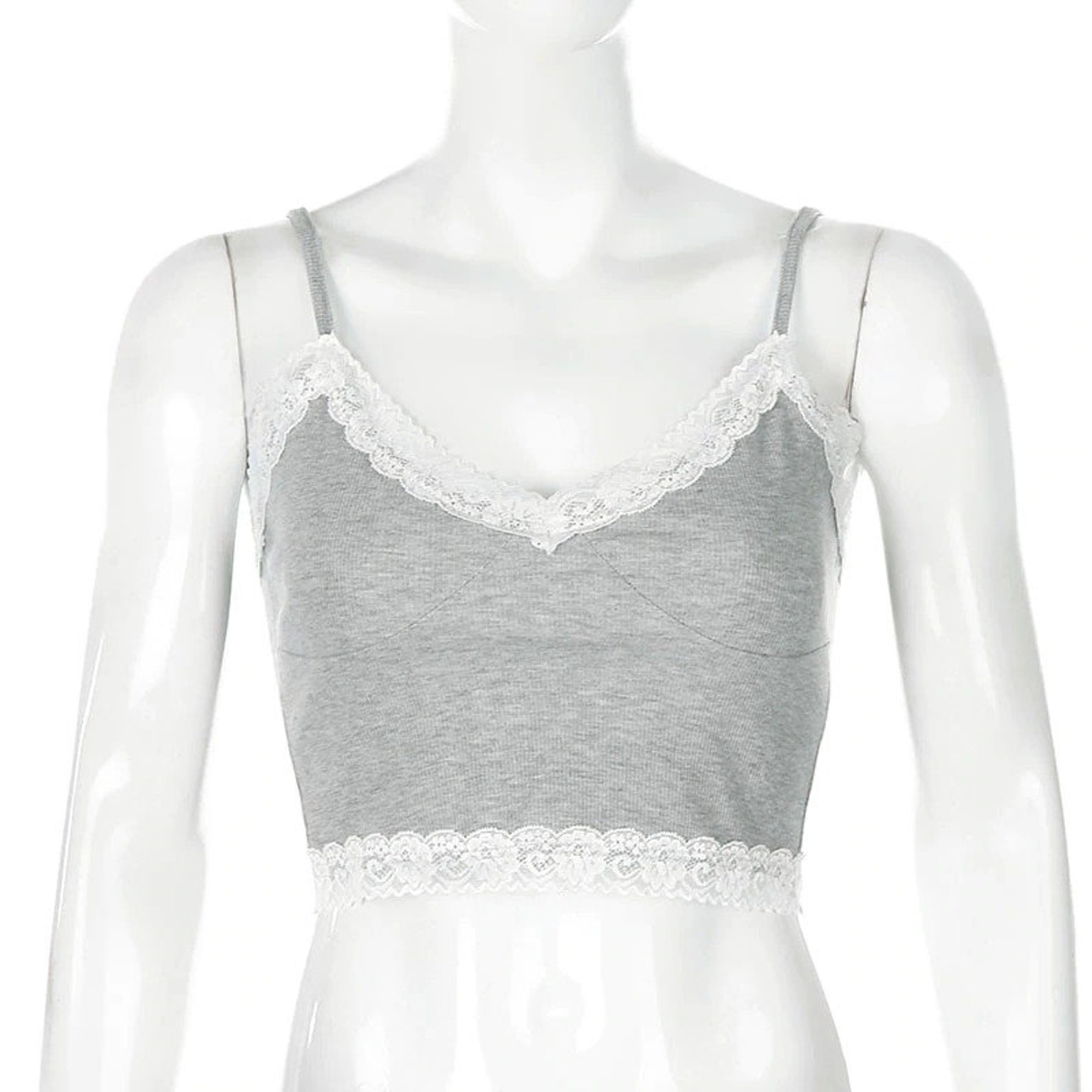 Gray Ribbed Lace Trim Crop Top Tank Top Y2k Loungewear Etsy