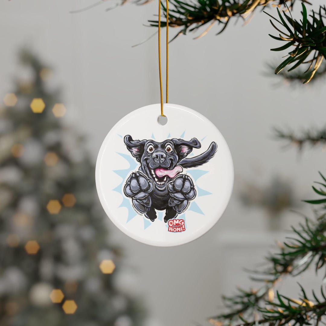 Playful Black Lab Jumping Illustration Ceramic Ornament | Double-sided ...