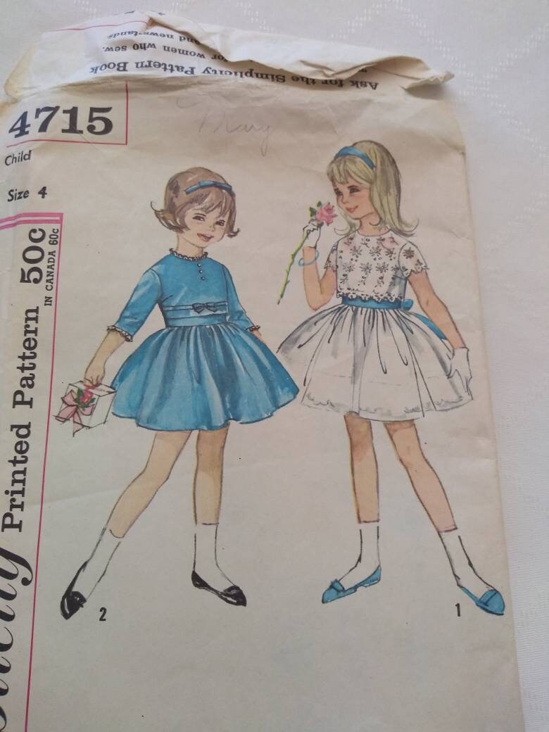 Simplicity 4715 Size 4 Kids pattern cut Vintage 1963 Child Kid | Etsy